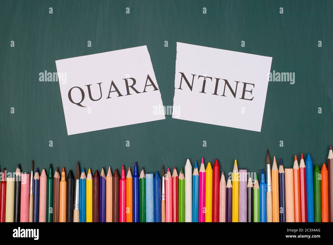 End of quarantine concept. Top above overhead view photo of torn ...