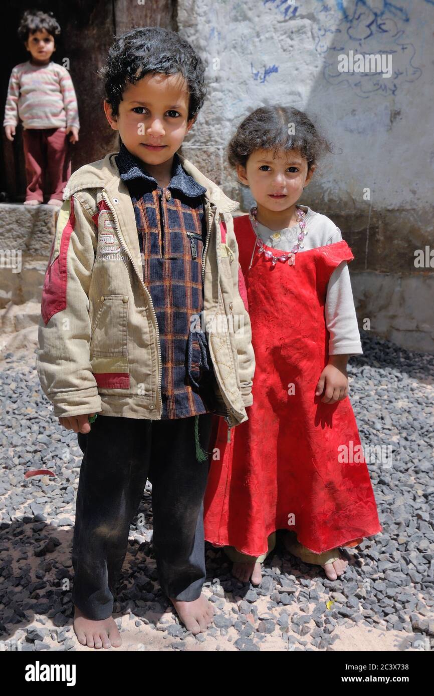 YEMEN, SANA - MAR 6, 2010: Unidentified children shown in courtyard of ...