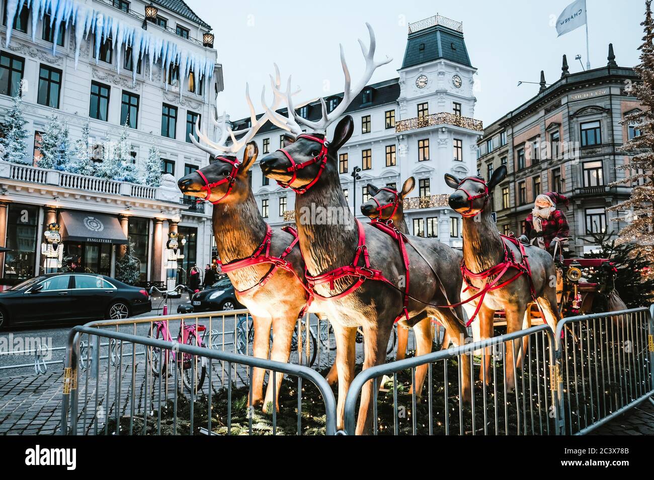 Copenhagen / Denmark - November 2019: Reindeer family with Santa Claus ...