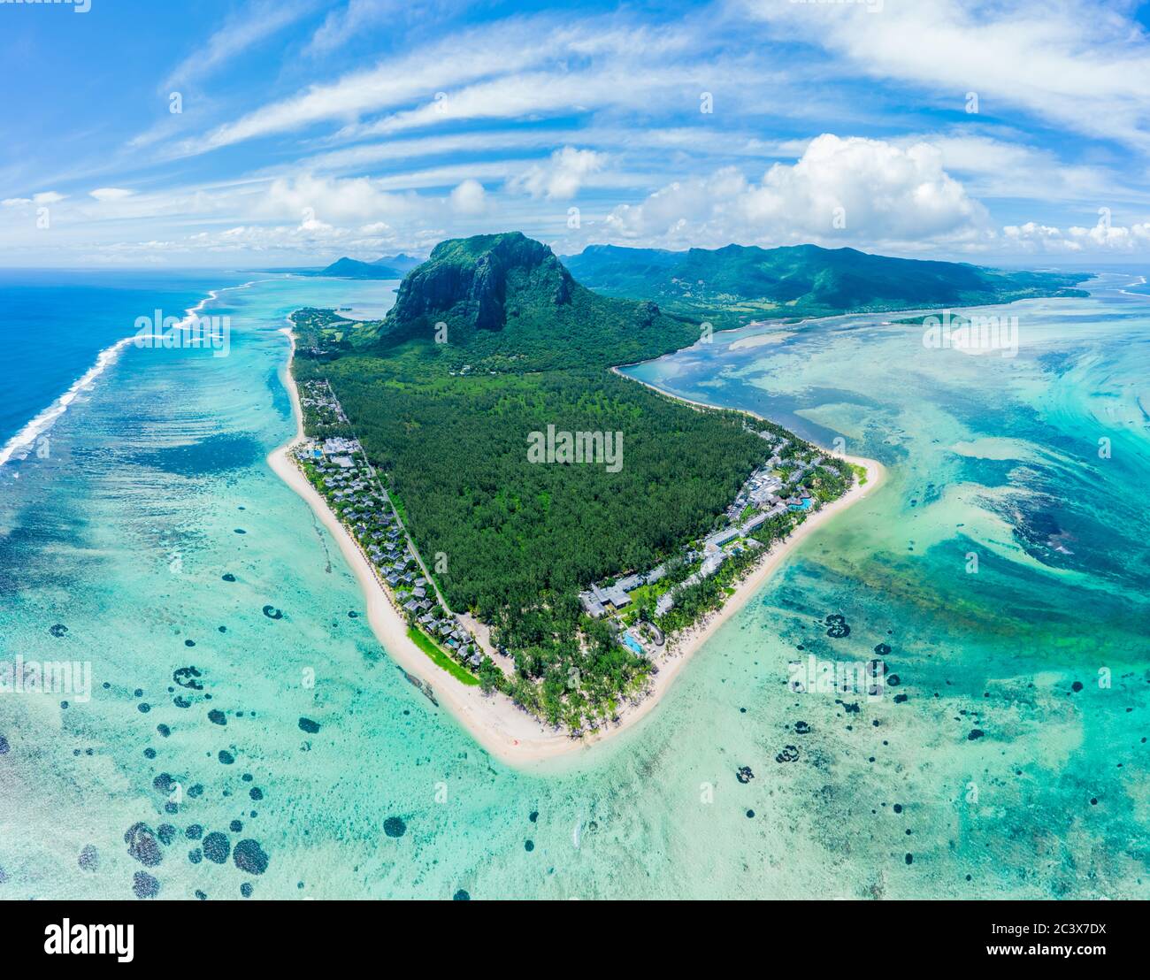 Aerial panoramic view of Mauritius island - Detail of Le Morne Brabant ...