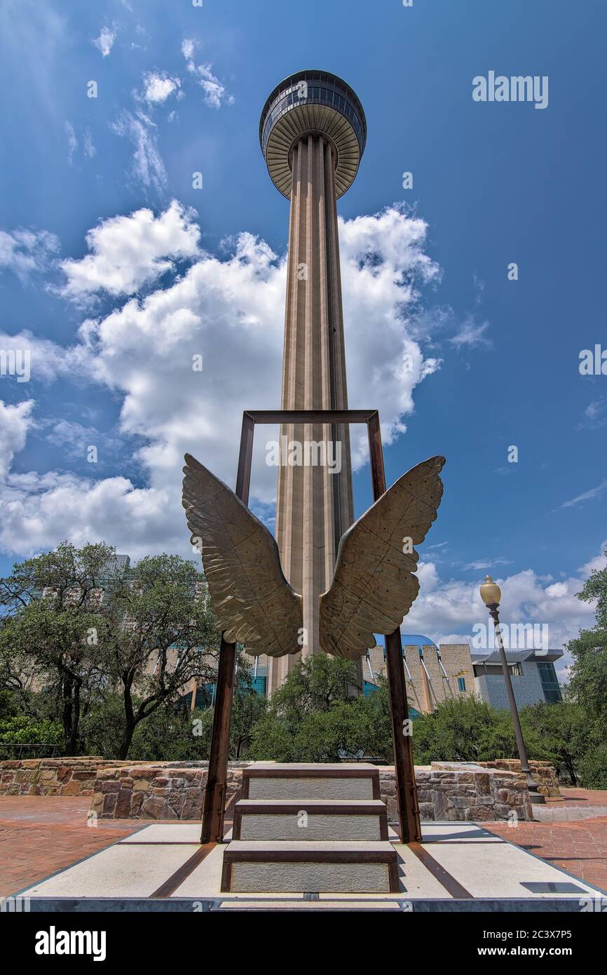 Ground view tower of america with walkway in front of its 750 feet tall ...