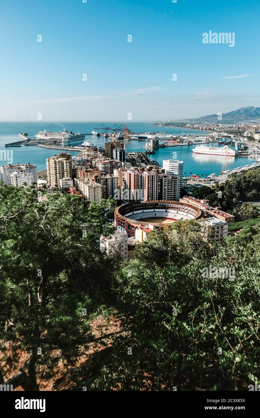 Malaga / Spain - October 2019: Aerial cityscape. View from above ...