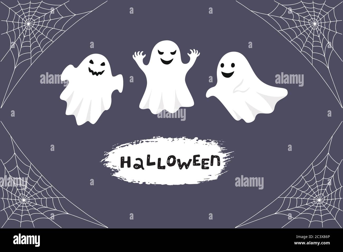 Halloween greeting card. Night background with ghosts and cobwebs Stock ...