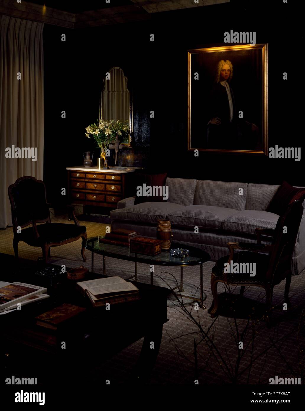 Living room with large well lit portrait Stock Photo - Alamy