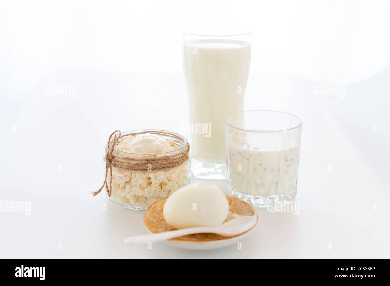 Boiled egg and dairy products. Protein breakfast. Front view Stock ...