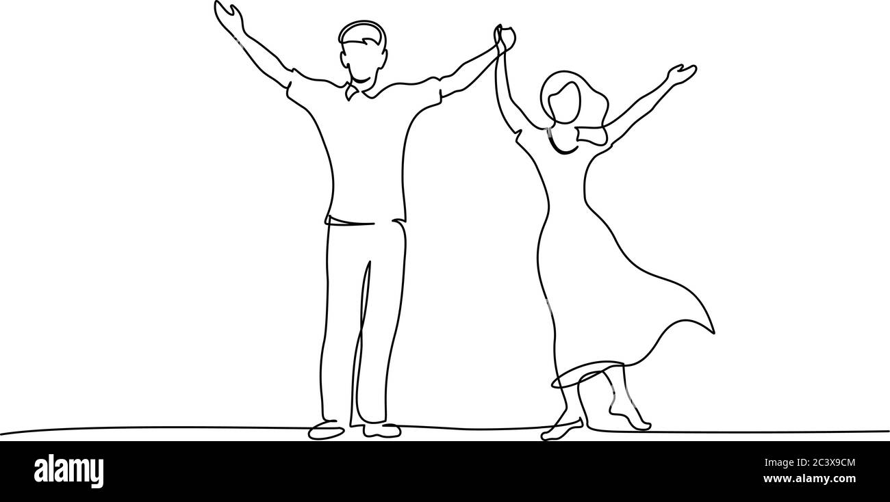 Continuous One line drawing. Happy couple standing and holding hands up ...