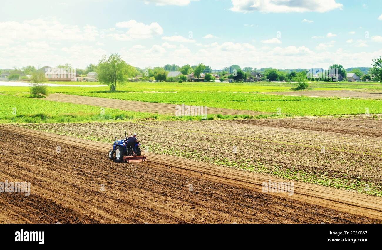 Farmer on a tractor with milling machine loosens, grinds and mixes ...