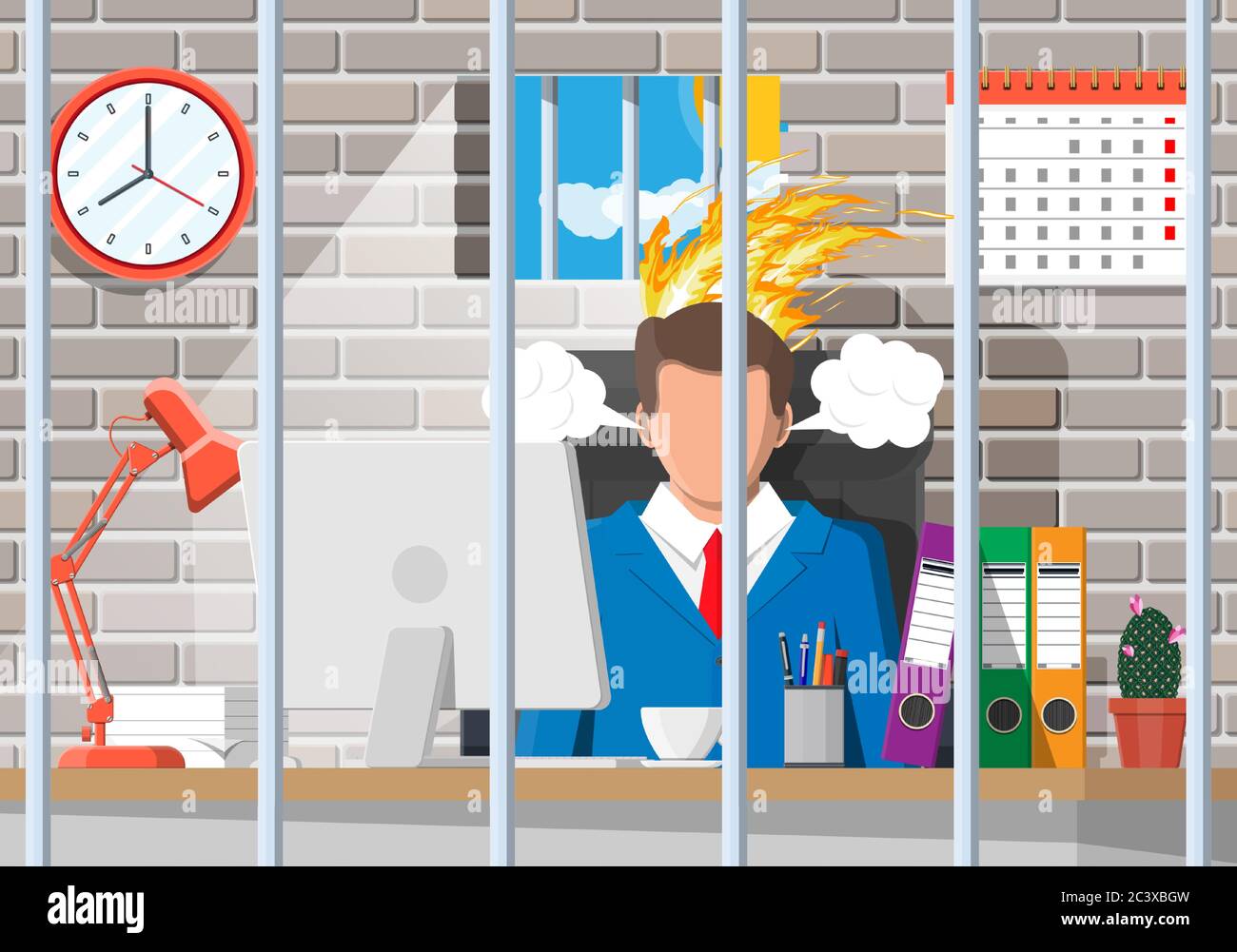 Businessman working on computer in the prison cell. Business man head ...