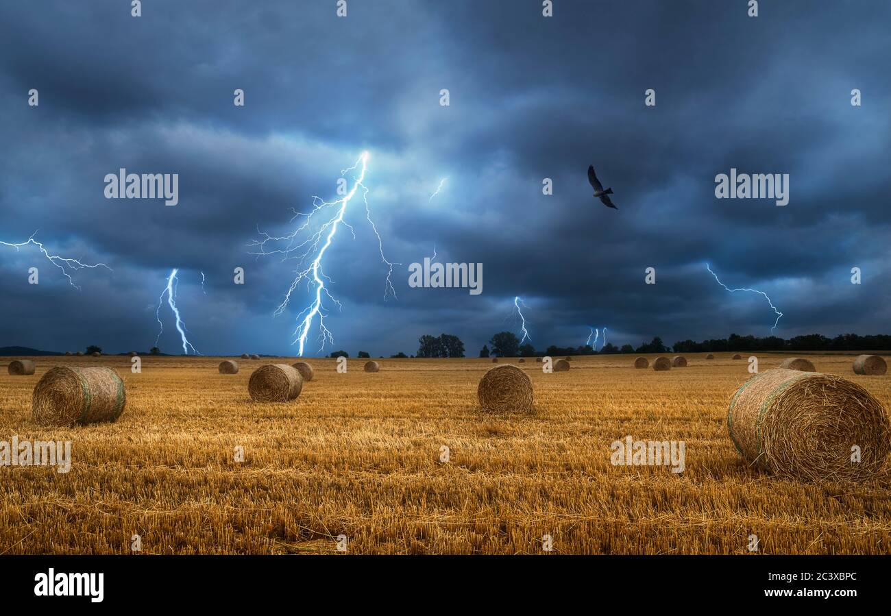 Bales of hay on the field during a lightning storm. Force of nature ...