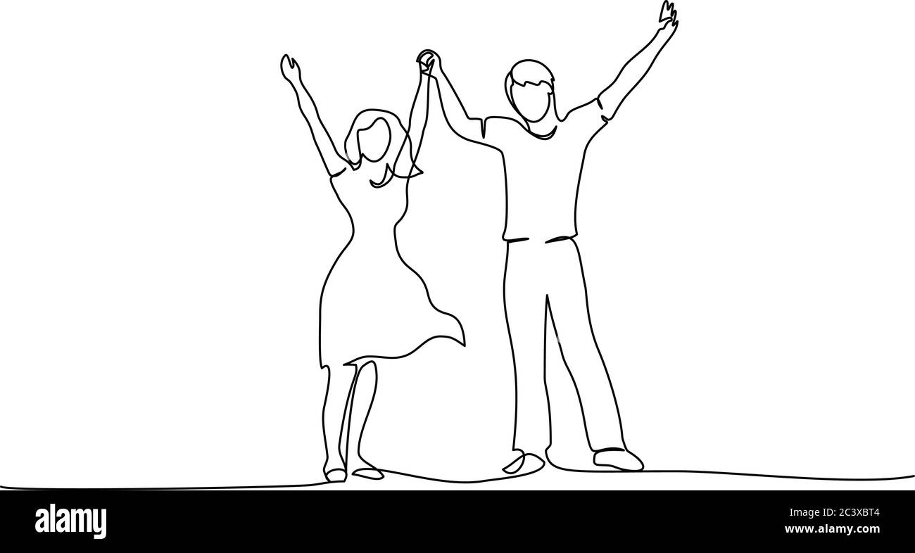 Continuous One line drawing. Happy couple standing and holding hands up ...