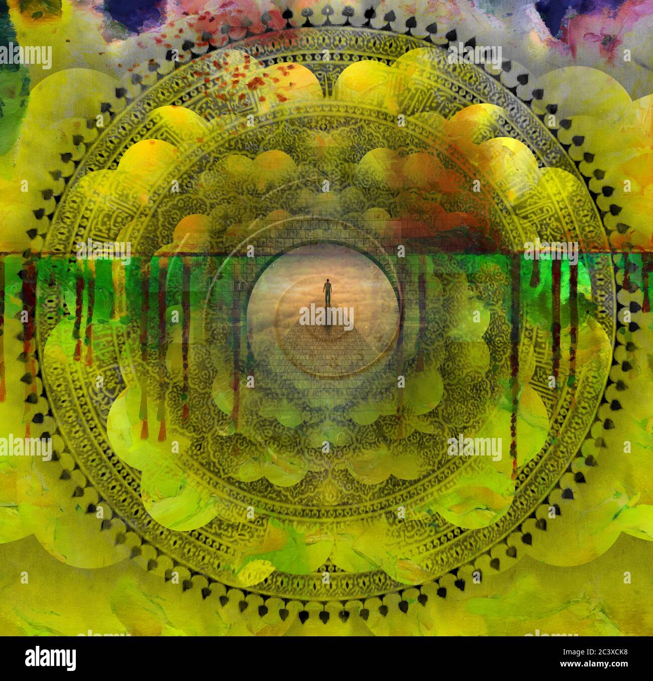 Surreal painting. Figure of man walks on a stone's road leading to ...