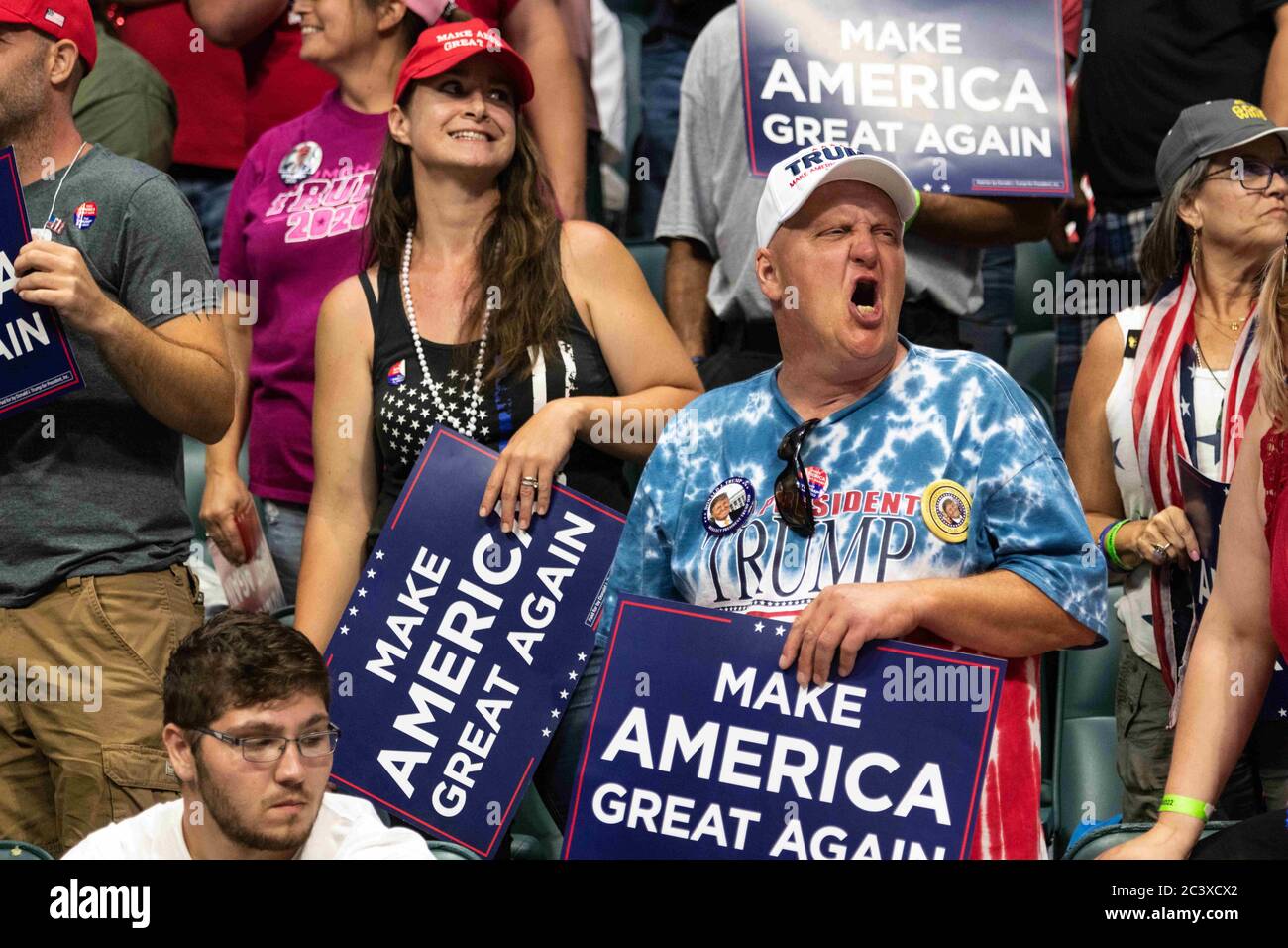 Tulsa, Oklahoma, USA. 20th June, 2020. A Trump supporter without a mask ...