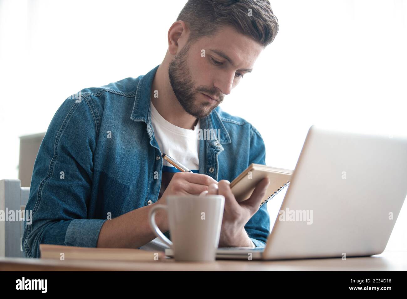 Handsome modern man designer working on laptop online, using internet ...