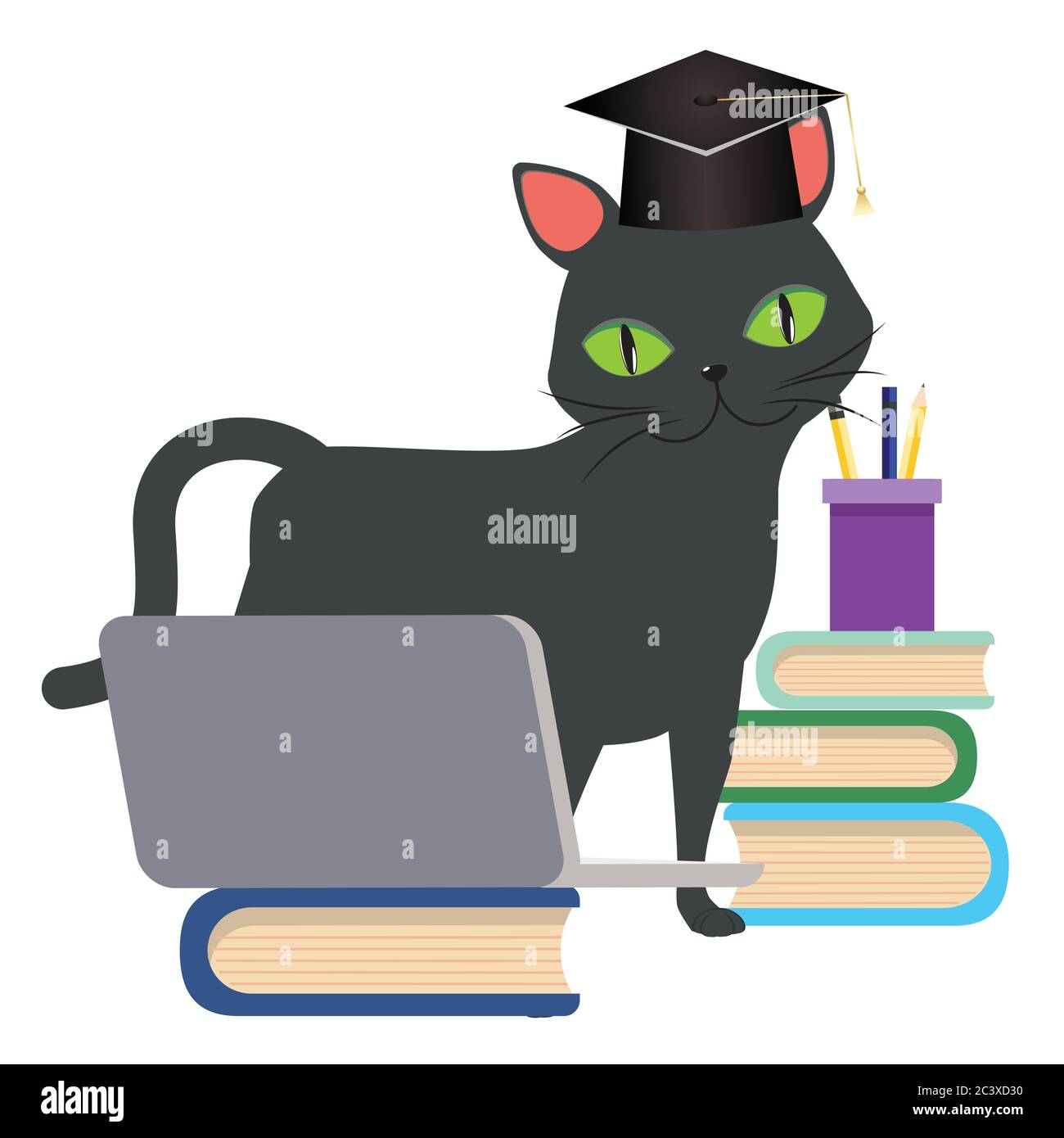 Cute cartoon black cat with green eyes wear graduation cap with laptop ...