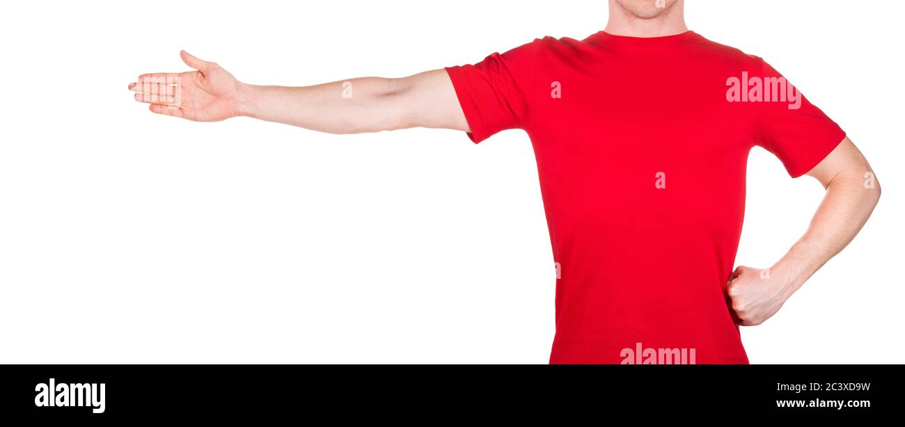 Man in red t-shirt stretched arm and fingers on the side isolated white ...
