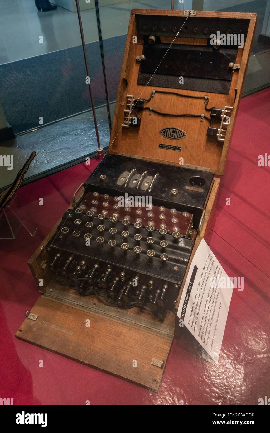 A German Naval M1 Enigma machine (M897) on display in Bletchley Park ...