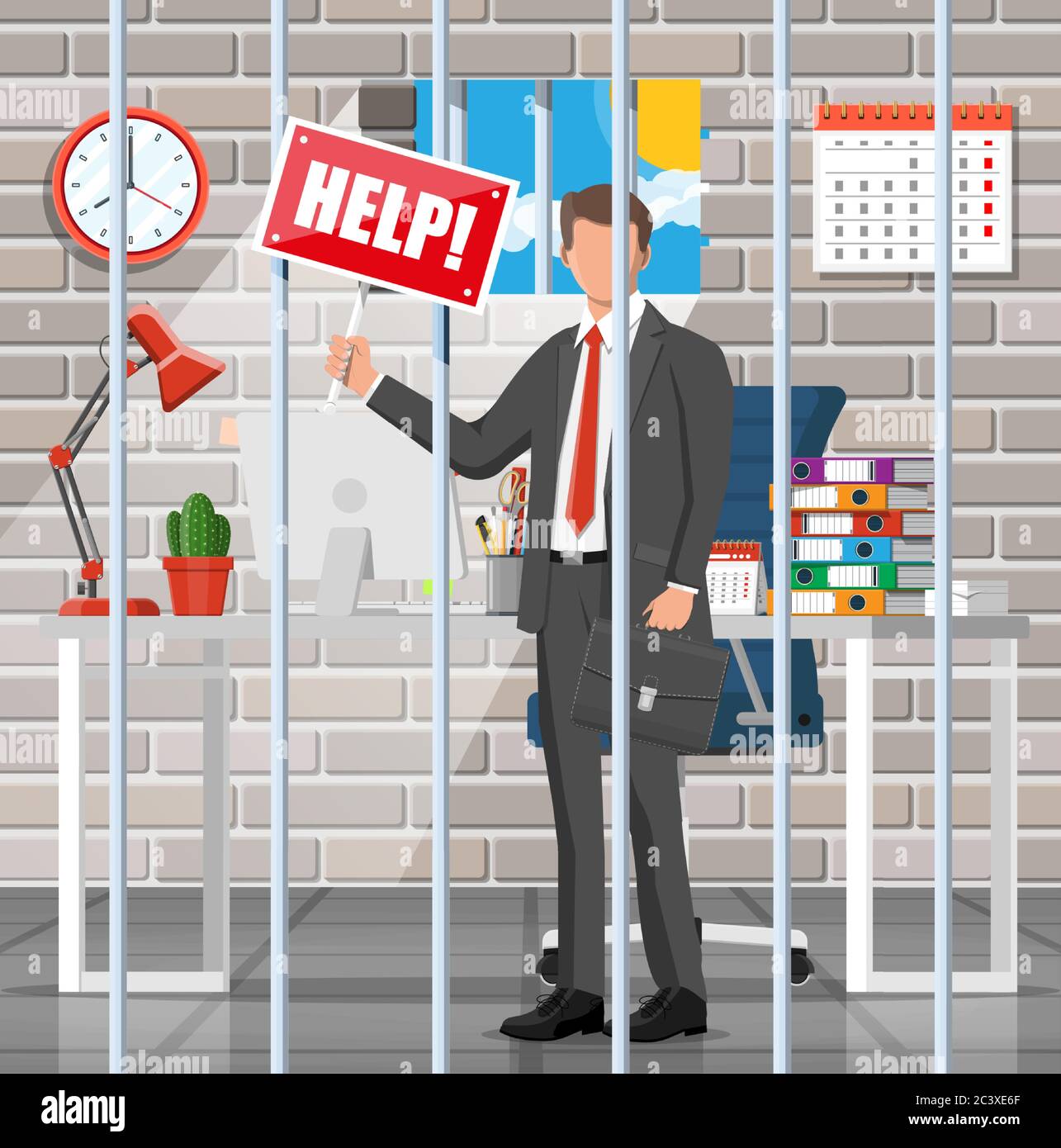 Businessman calling for help in the prison cell. Overworked business ...