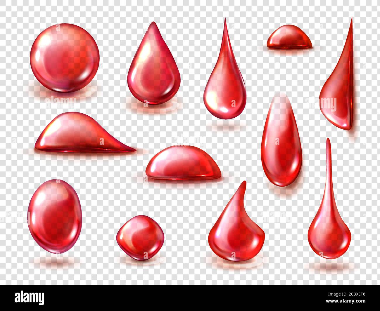 Red drops of red water, wine or blood isolated on transparent ...