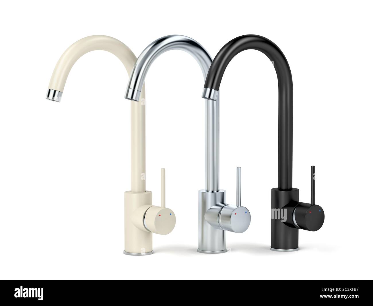 Modern kitchen faucets with different colors and materials. Beige ...