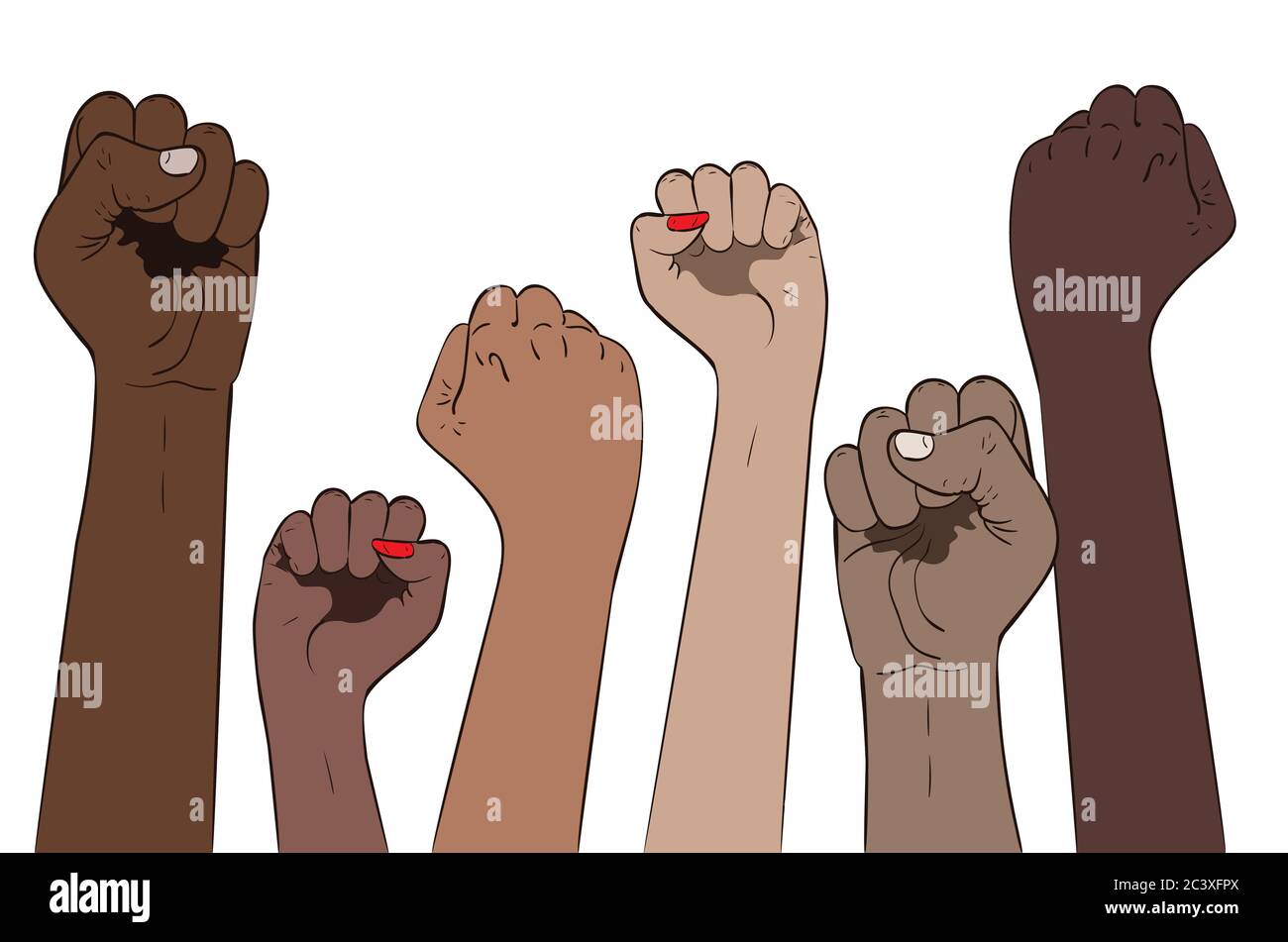 Protest concept banner, raised up fists in different skin color ...