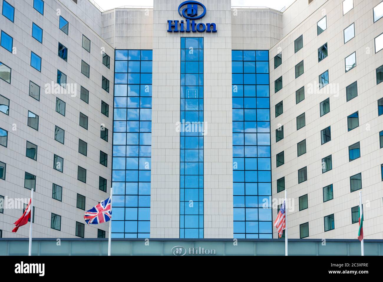Sofia Bulgaria Hilton Hotel exterior view of the main entrance and building facade, Eastern ...