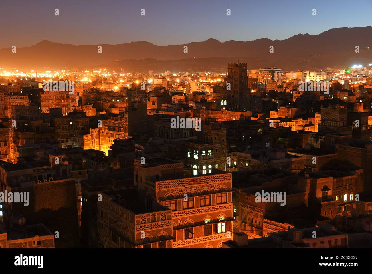 The capital of Yemen. View on the old city from roof at night Stock ...