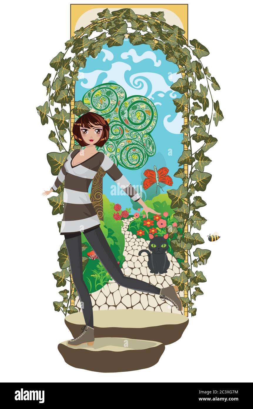 Cartoon girl stands near arch gate in the secret garden illustration ...