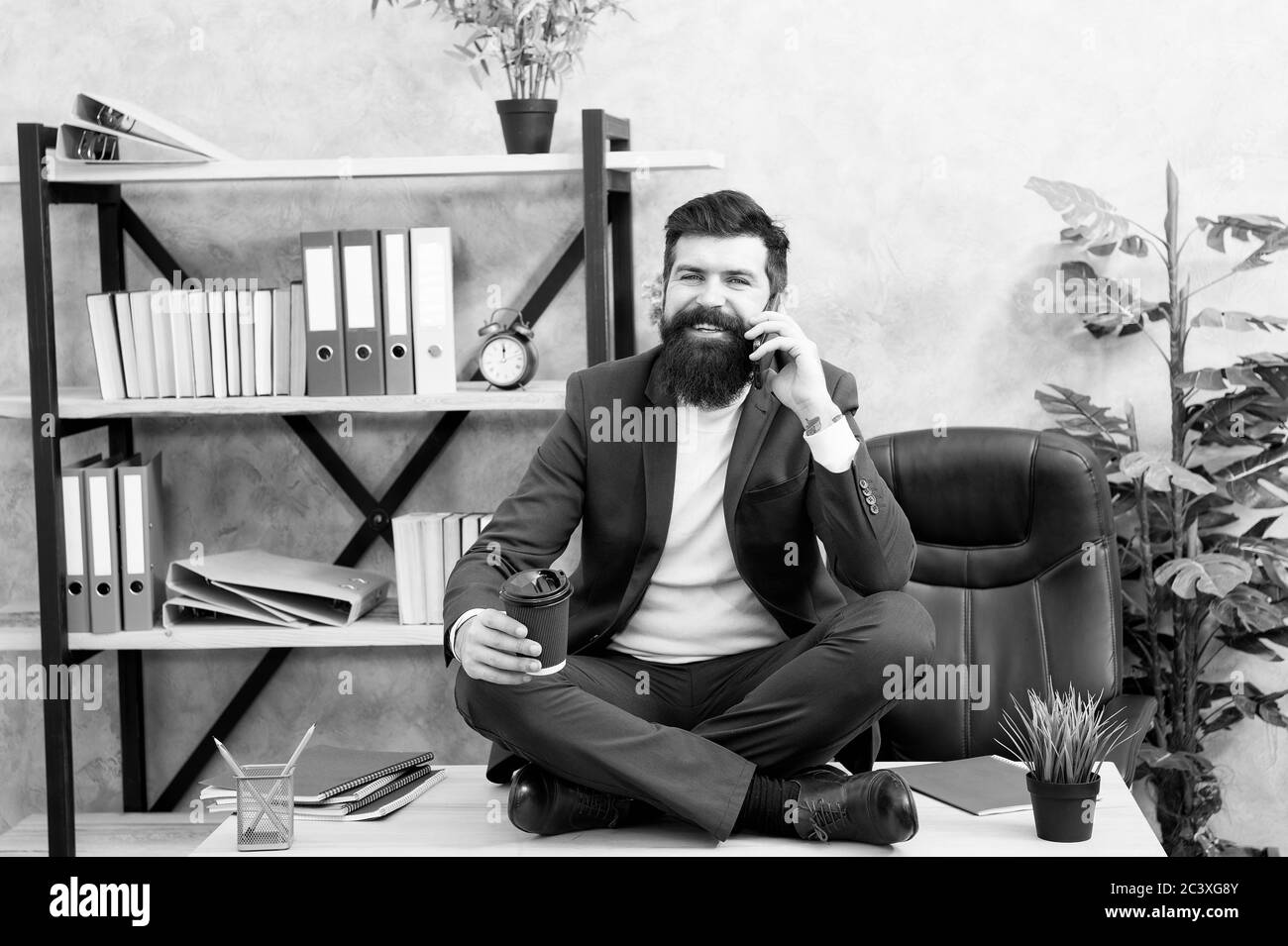 Lunch time is happy time. Mental wellbeing and relax. Man bearded ...