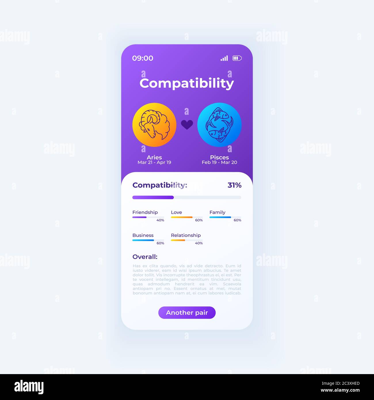 Horoscope compatibility app smartphone interface vector template Stock ...