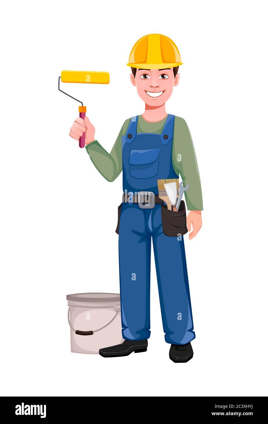 Painter cartoon character holding paint roller. Young construction ...