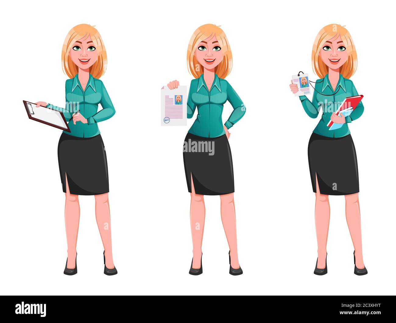 Young successful business woman, set of three poses. Beautiful blond ...