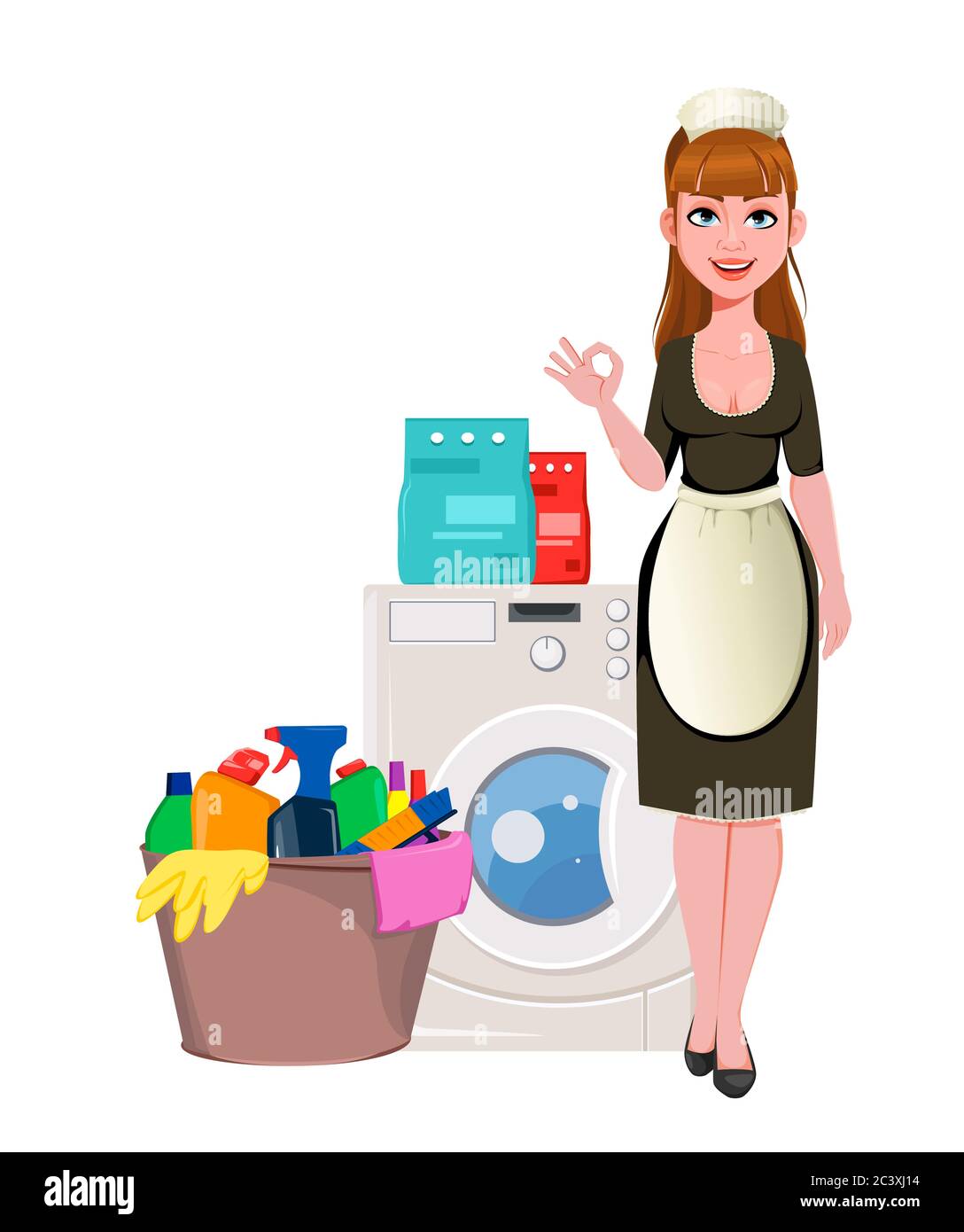 Maid, cleaning lady, smiling cleaning woman standing near washing ...