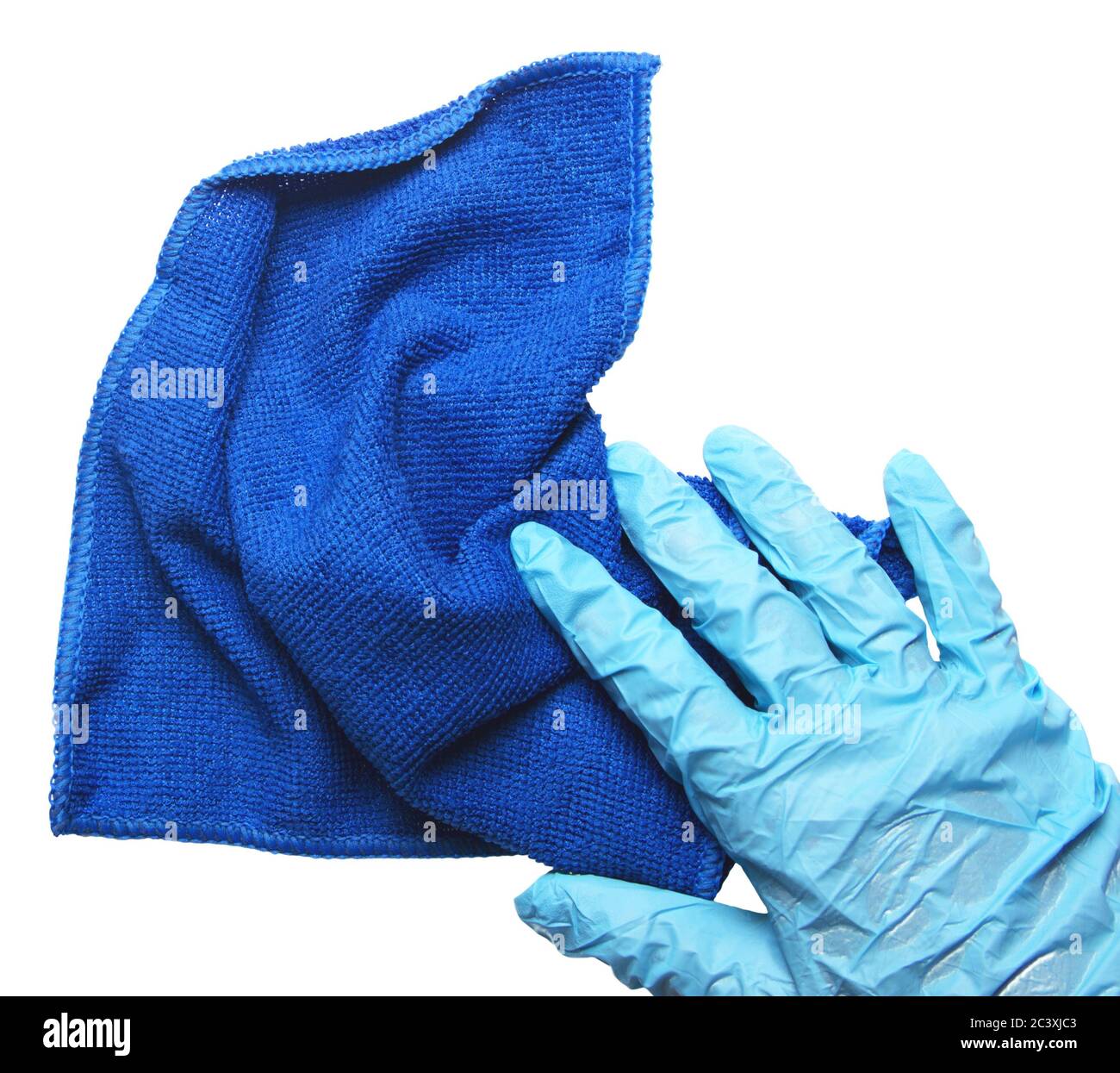 Cleaning, Hand in blue glove with blue rag Stock Photo - Alamy