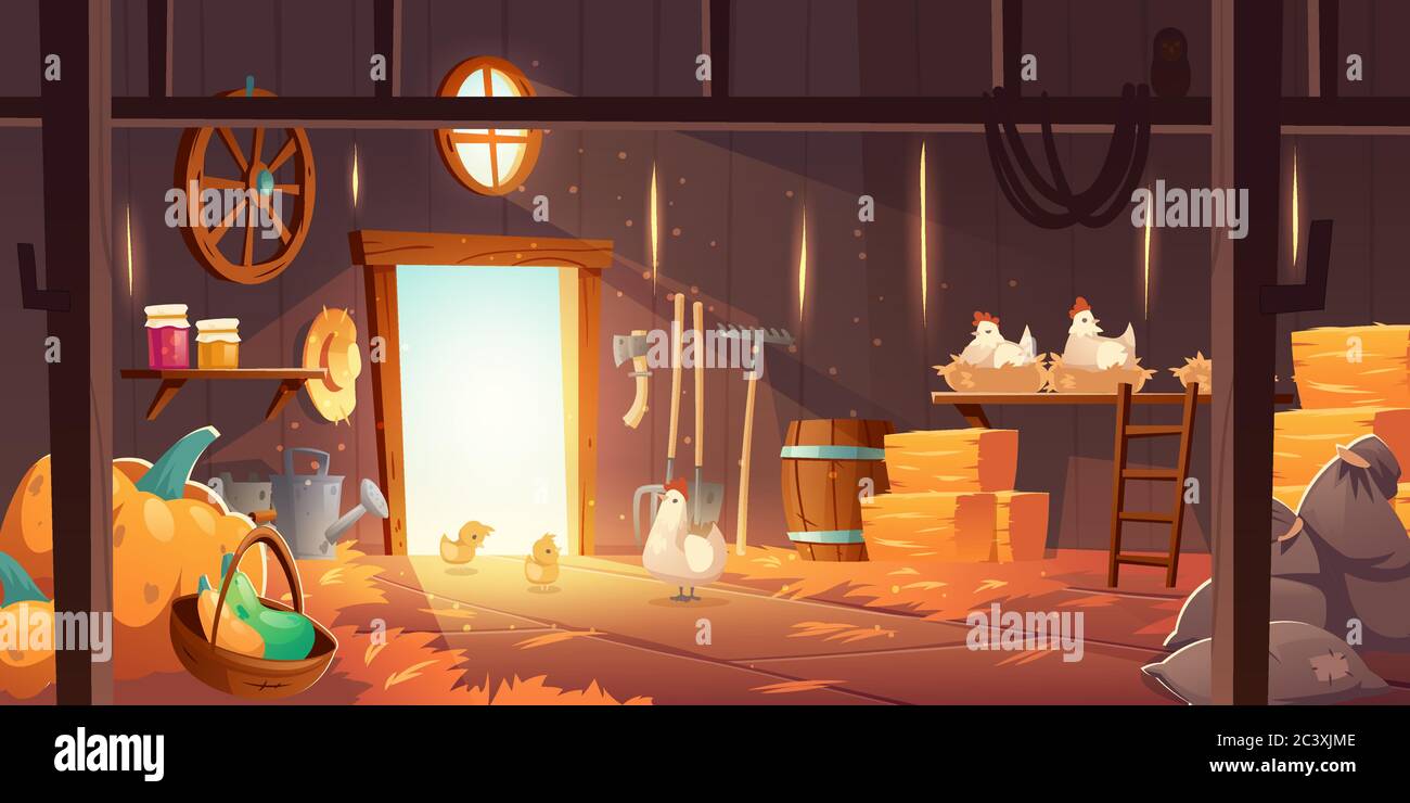 Barn on farm with chickens, straw and hay. Vector cartoon interior of ...
