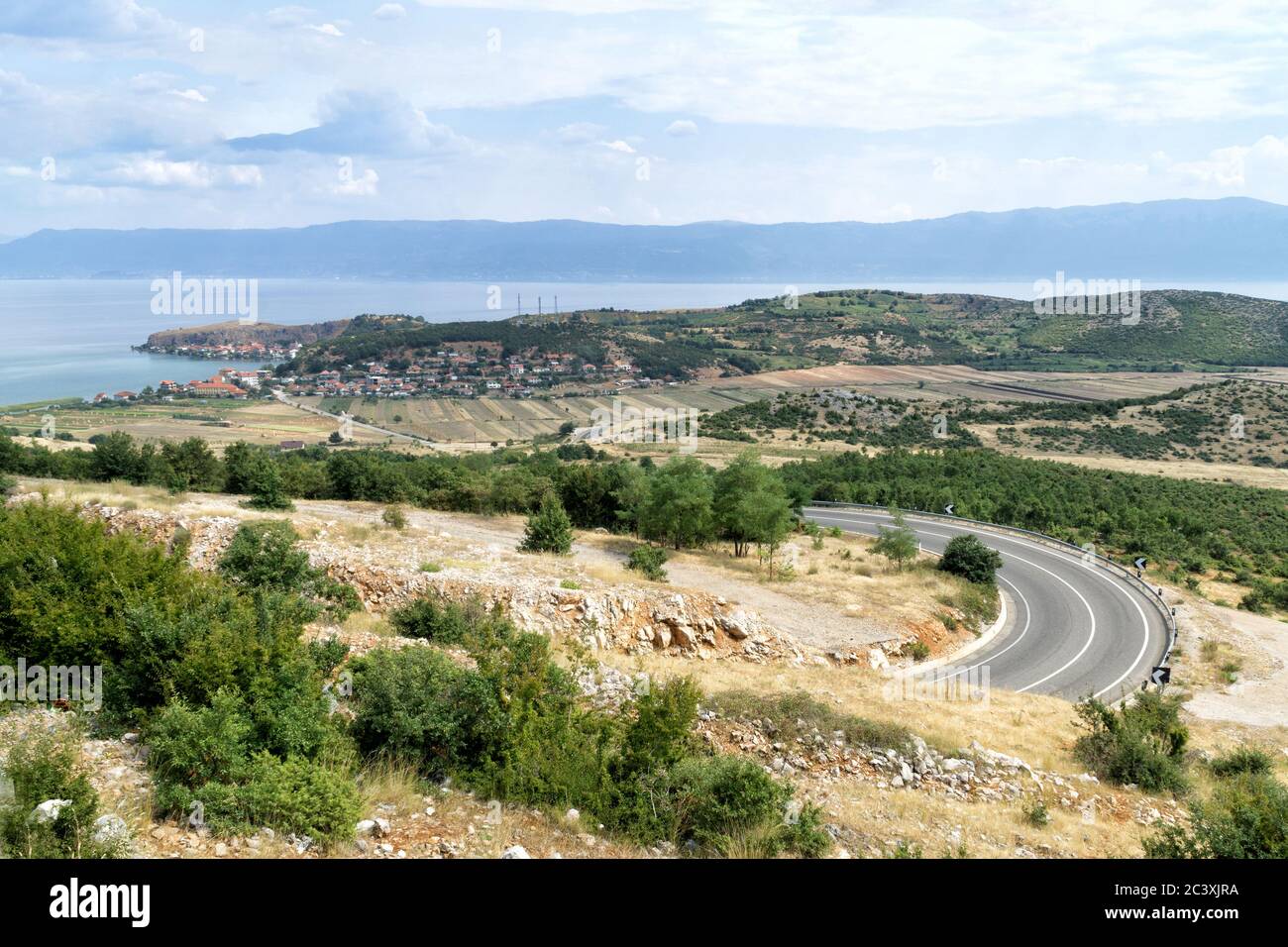 View from above on the Ohrid Lake, fishing village Lin and winding ...