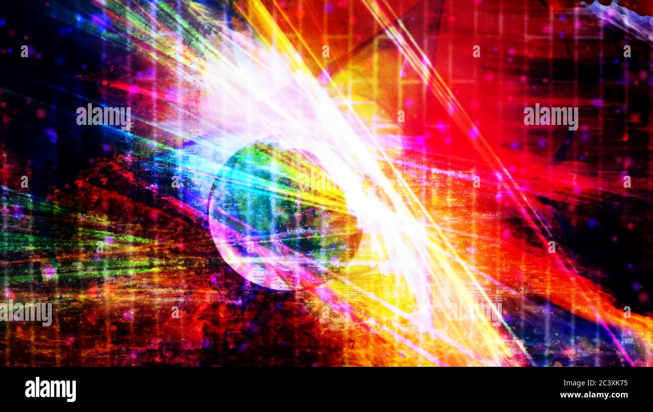 Rainbow Sphere Reflecting Light Beams with Falling Purple Particles ...