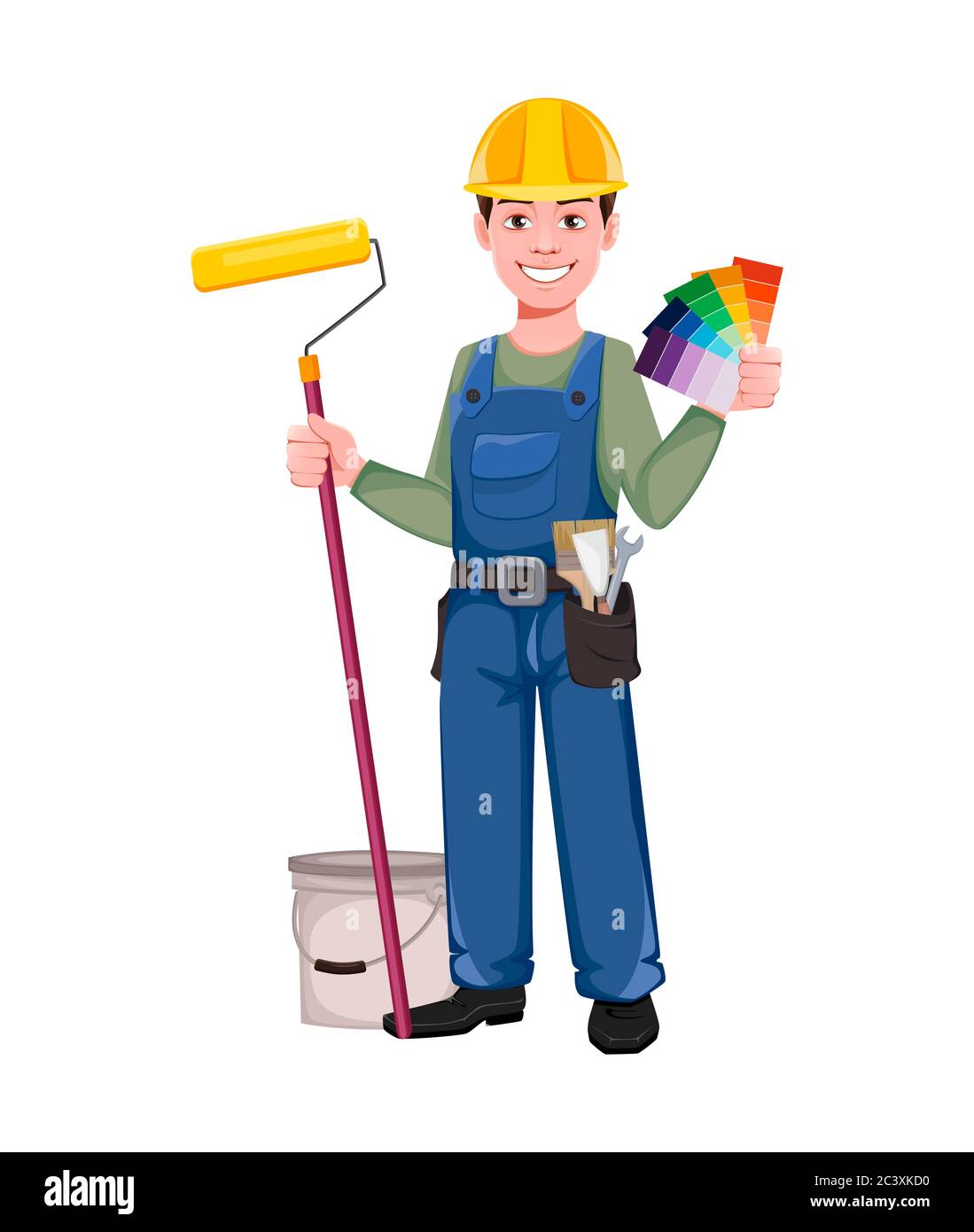 Painter cartoon character. Young construction worker in hard hat ...