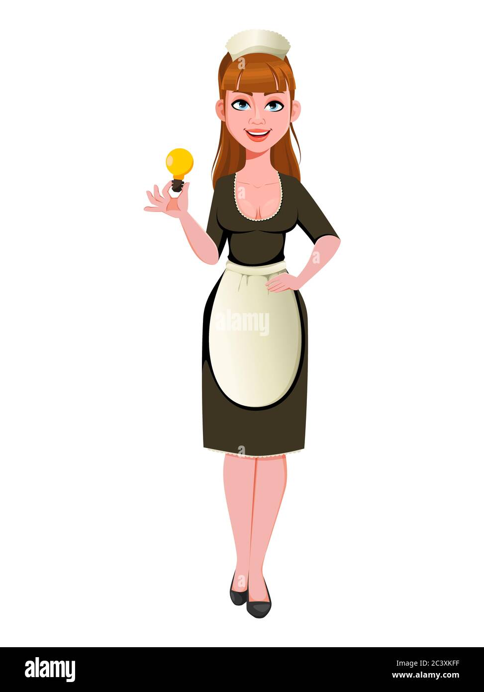 Maid, cleaning lady, smiling cleaning woman holds lightbulb. Cheerful ...