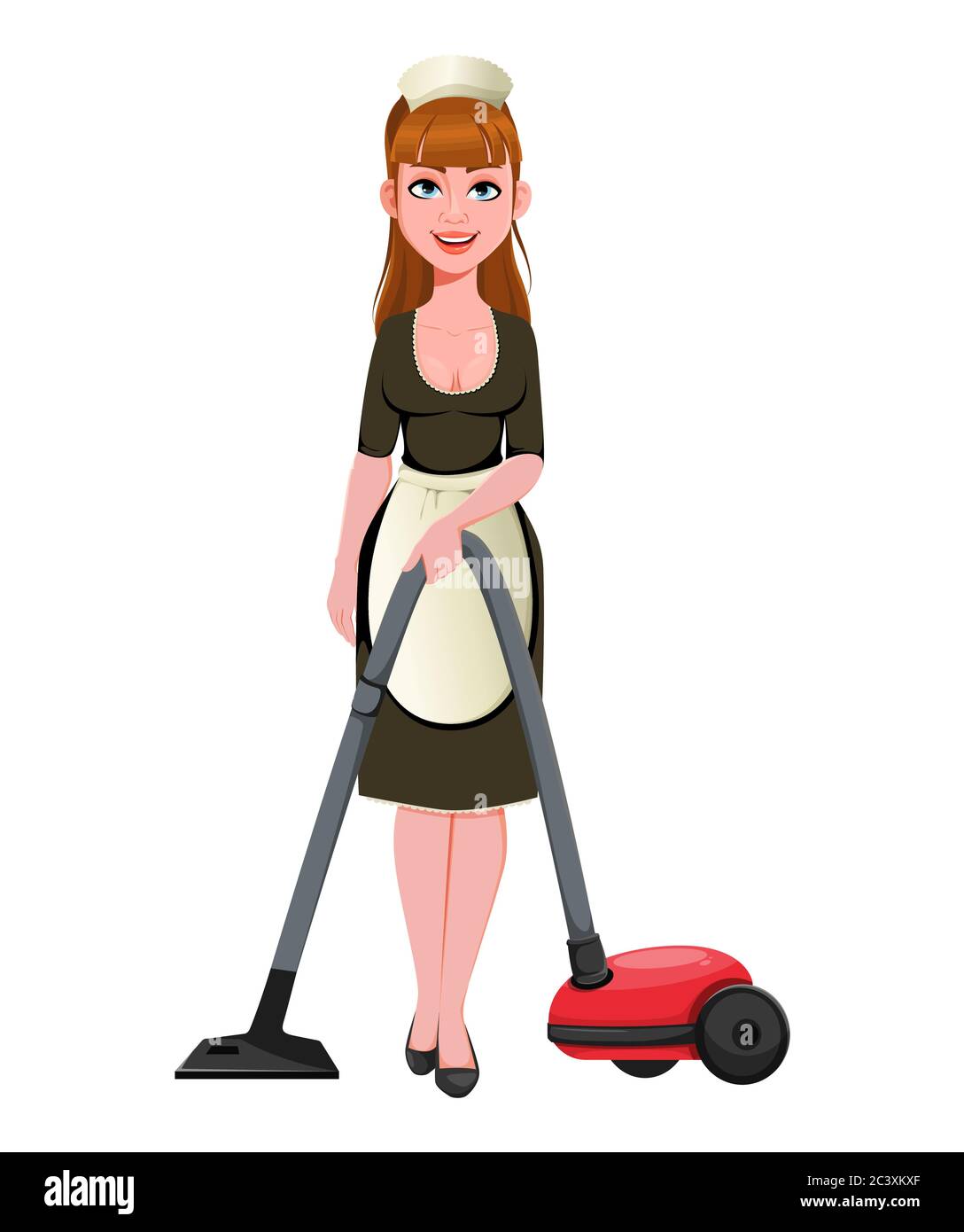 Maid, cleaning lady, smiling cleaning woman vacuums. Cheerful housemaid ...