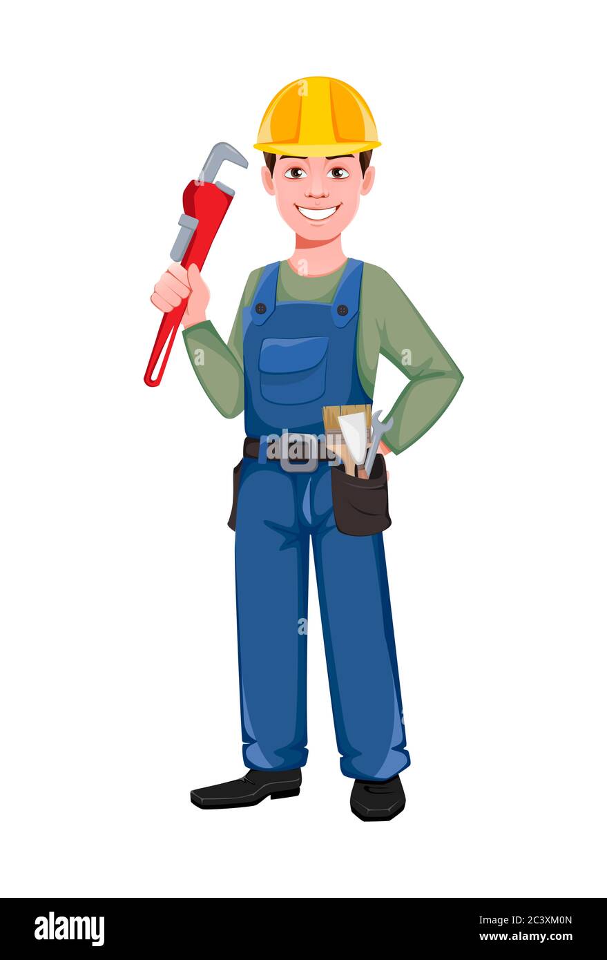 Builder cartoon character holding wrench. Young construction worker in ...