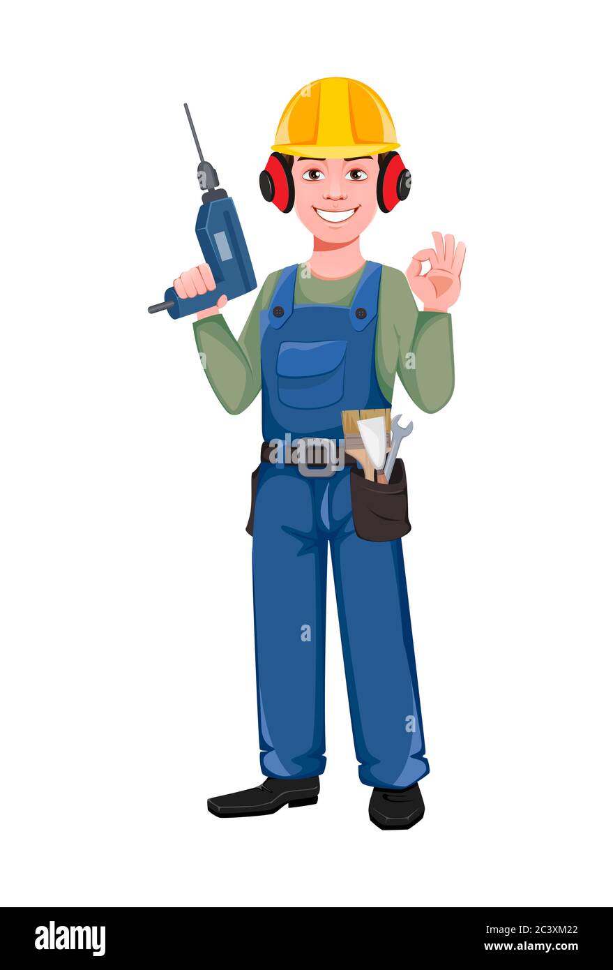 Builder cartoon character holding drill. Young construction worker in ...