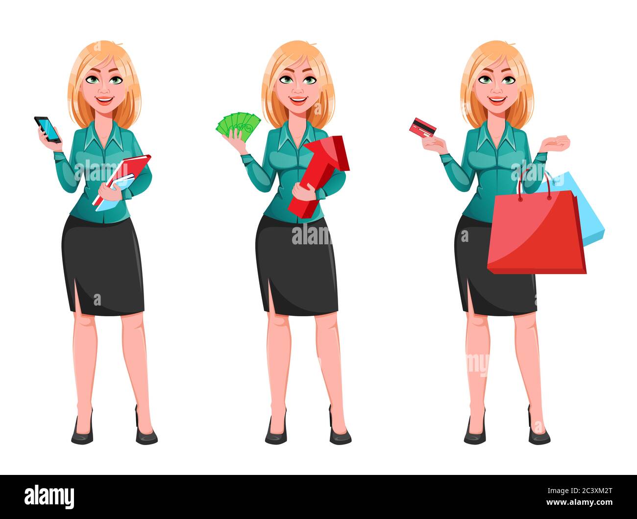 Young successful business woman, set of three poses. Cheerful blond ...