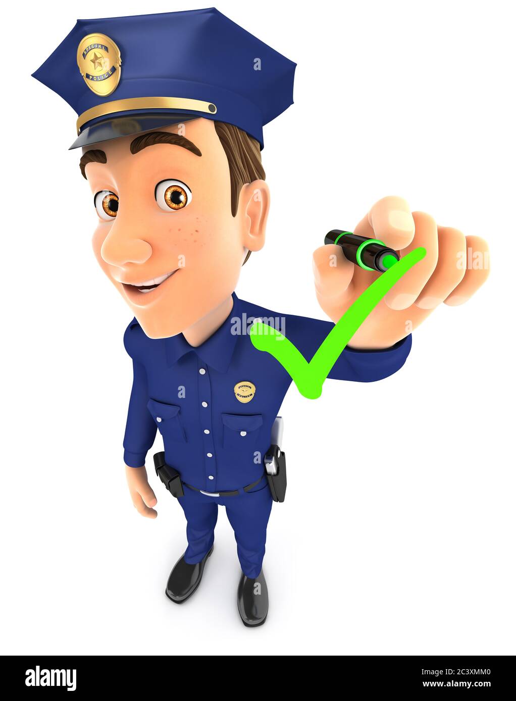 3d policeman drawing positive check mark, illustration with isolated ...