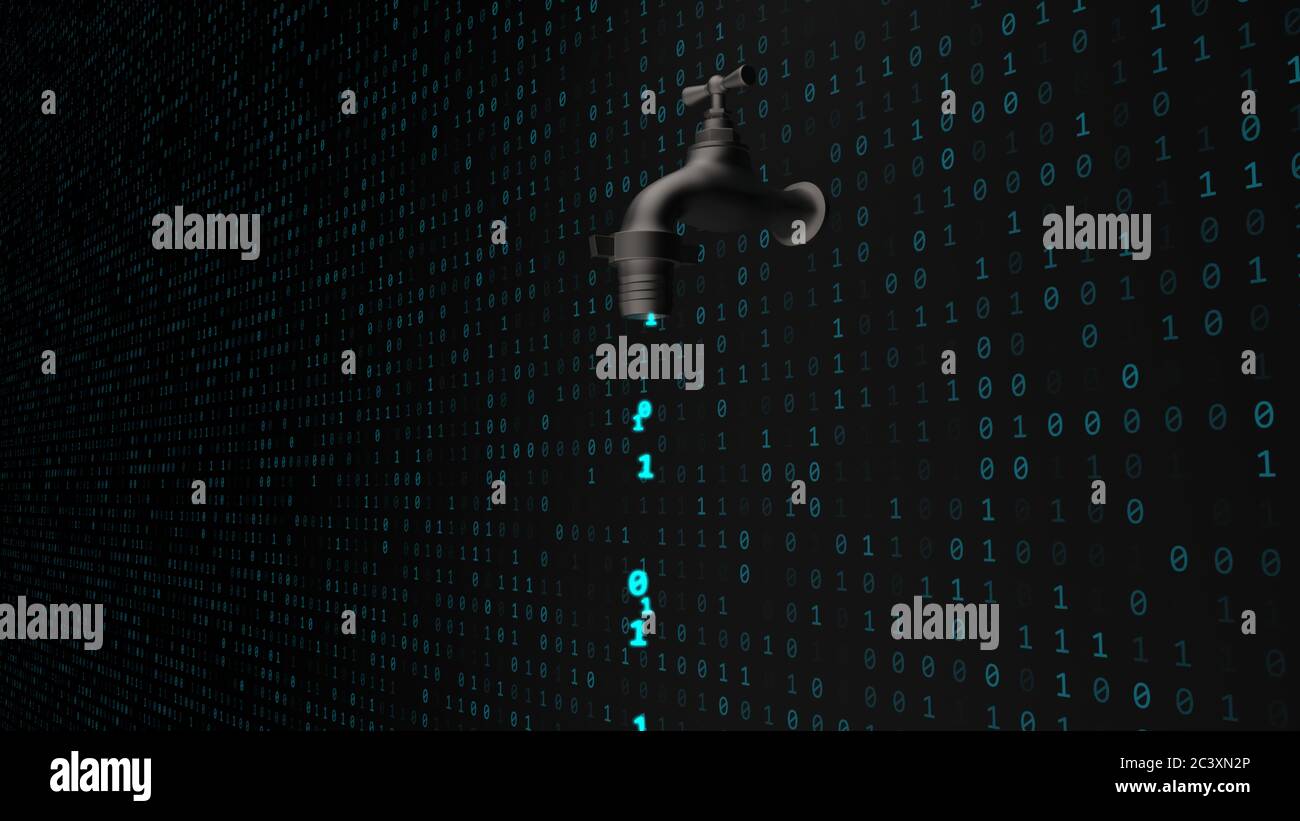 Data Leak Concept with Software Binary Code Flowing from Faucet Tap - Abstract Background ...