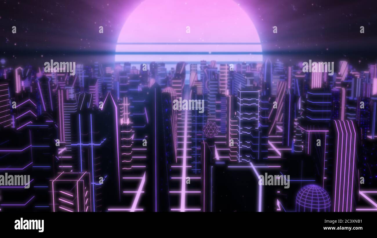 Fly Over Neon City Outrun Synthwave Buildings with 80s Retro Sun ...