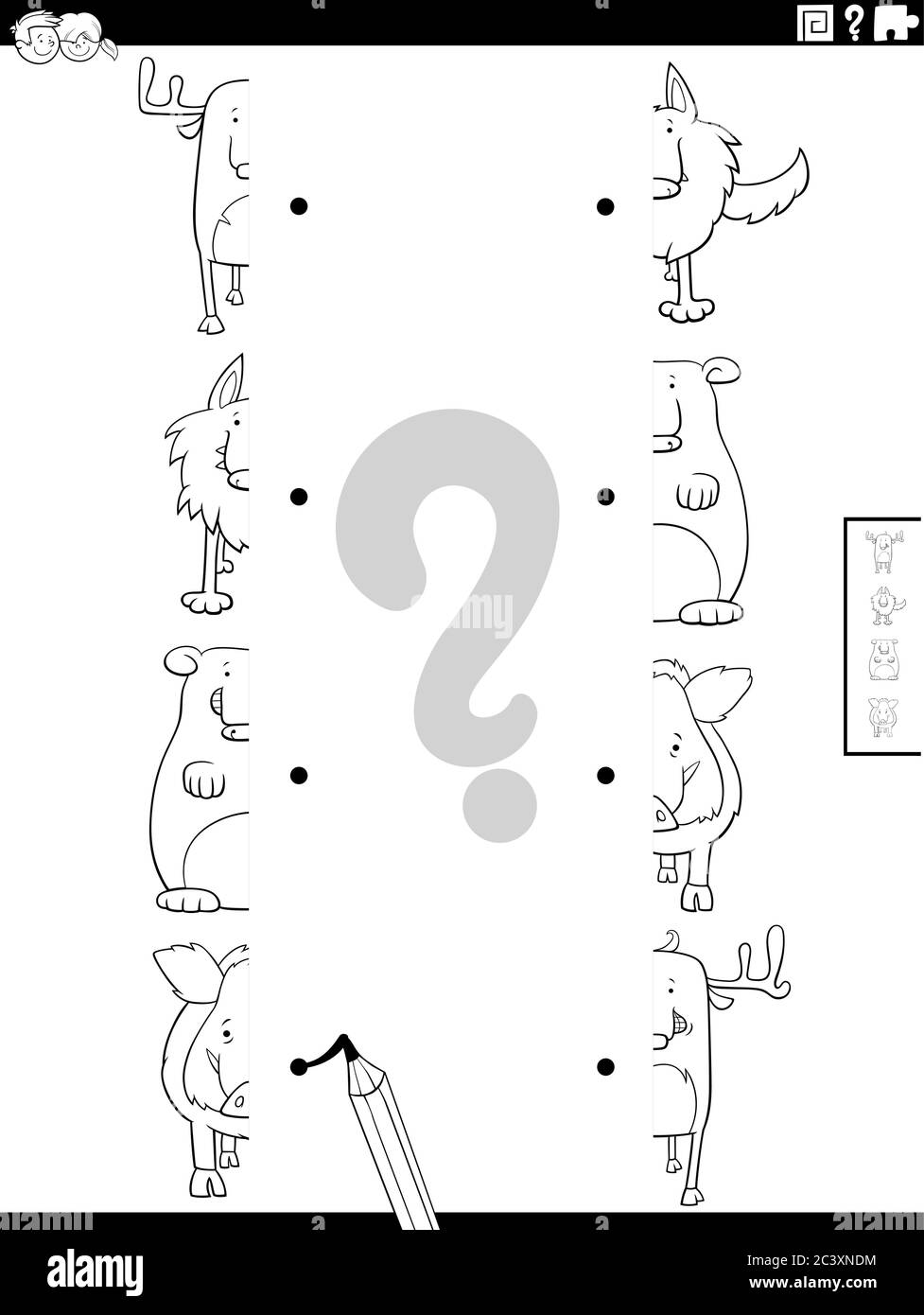 Black and White Cartoon Illustration of Educational Game of Matching ...