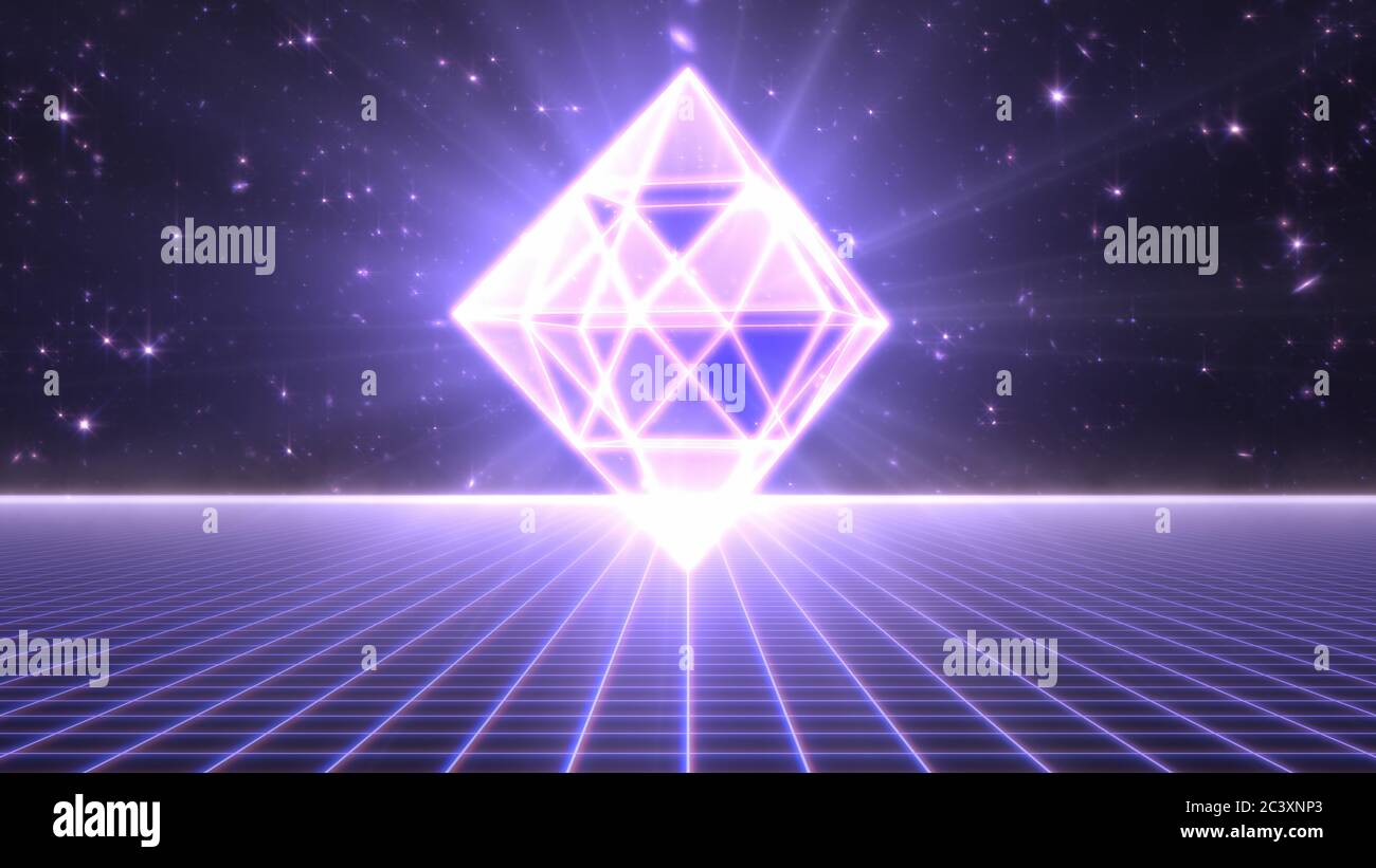 Futuristic Synthwave Neon Geometric 3D Shape Floating Over 80s Grid ...