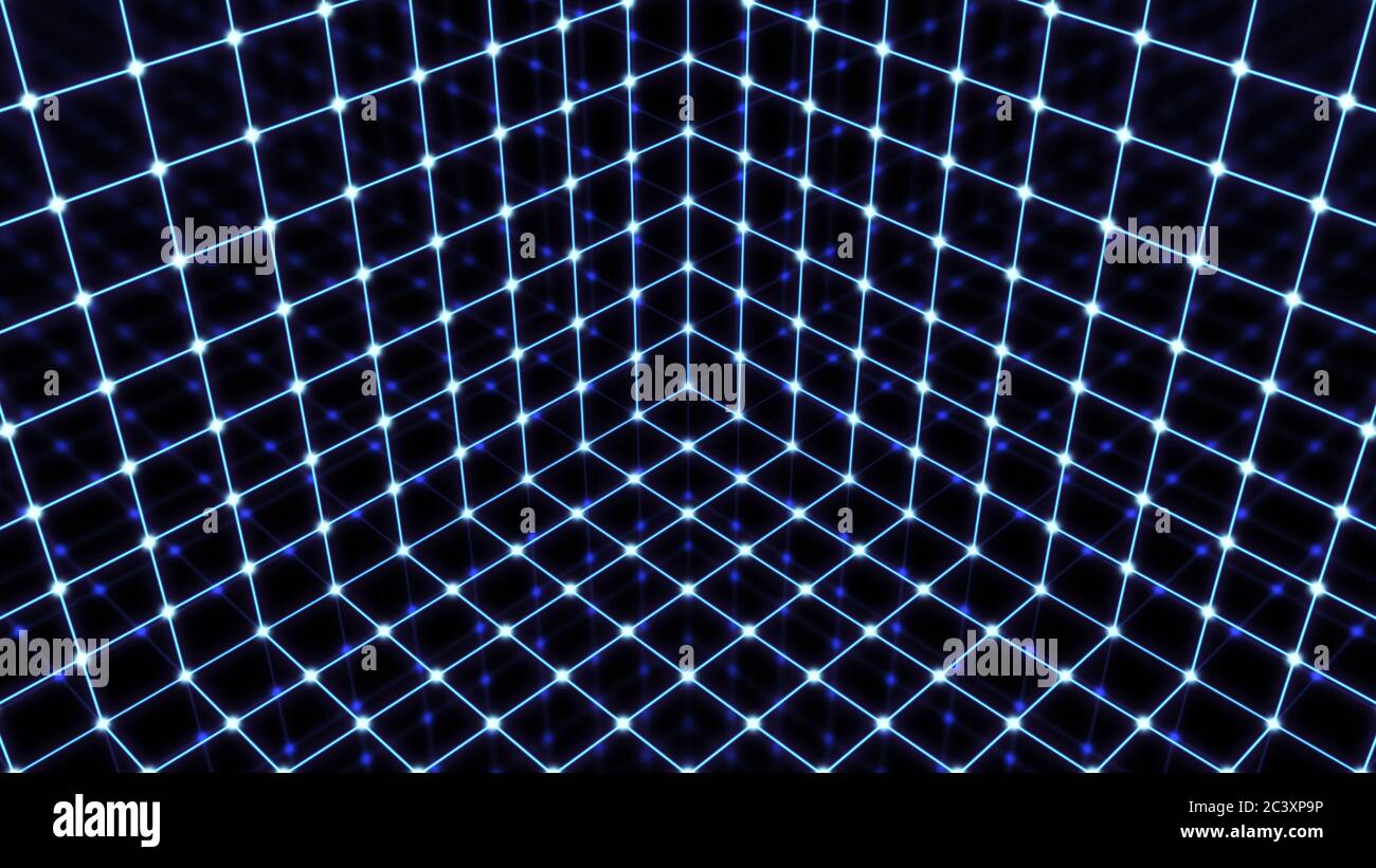 Inside Synthwave Glowing Retro Wireframe Rotating Neon Cube Grid