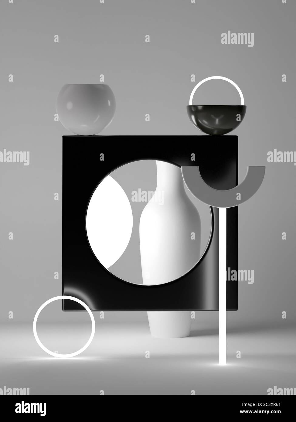 3d black and white grayscale still life of objects and light, 3d ...