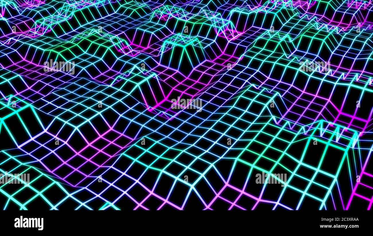 Retro 80s Wireframe Glowing Neon Grid Tiles Moving Up and Down ...